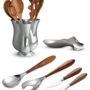 nambe Tulip Tool Jug with 5 Piece Kitchen Tool Set | Utensil Holder for Countertop with Assorted Kitchen Utensils | Made from Nambe Alloy and Acacia Wood