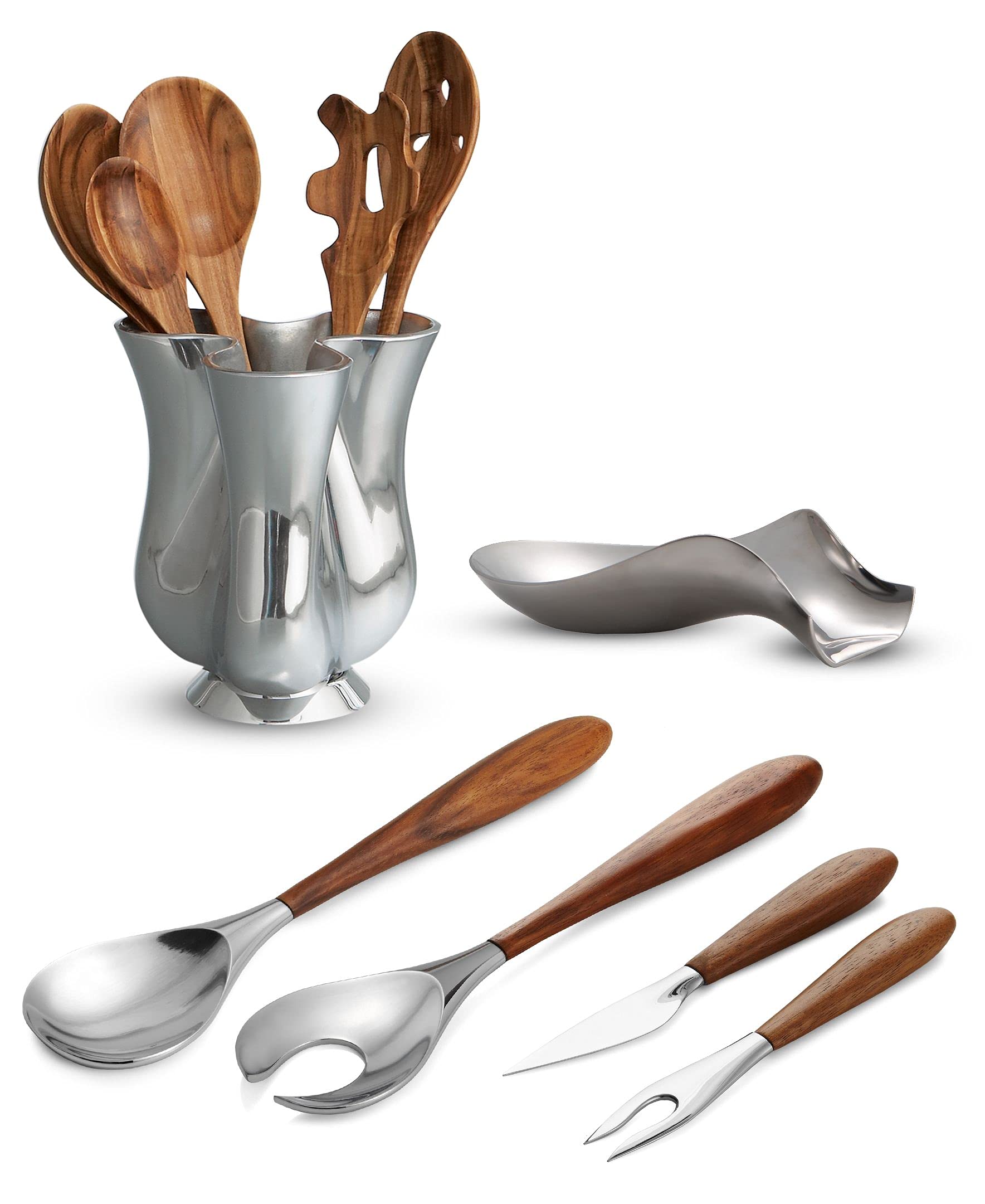 nambe Tulip Tool Jug with 5 Piece Kitchen Tool Set | Utensil Holder for Countertop with Assorted Kitchen Utensils | Made from Nambe Alloy and Acacia Wood