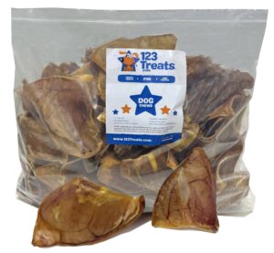 123 treats natural pig ears for dogs, 100% natural long lasting pork dog chews, ideal for all chewers, delicious and healthy dog treats, pig ears large and mix (one pack of 100)