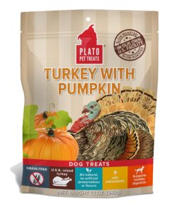 plato, pet treats, original real strips turkey & pumpkin 12oz