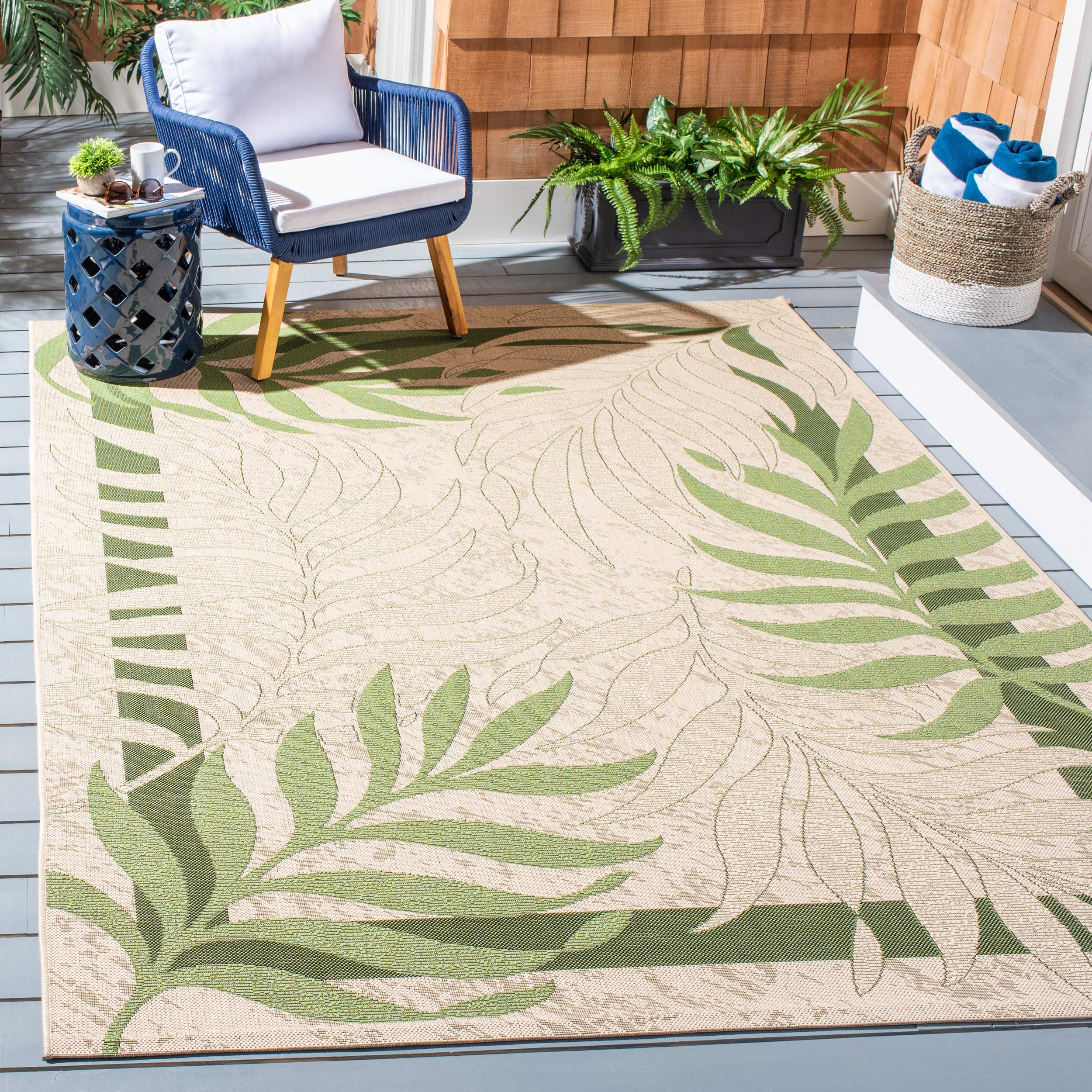 SAFAVIEH Courtyard Collection Accent Rug - 4' x 5'7", Cream & Green, Non-Shedding & Easy Care, Indoor/Outdoor & Washable-Ideal for Patio, Backyard, Mudroom (CY7836-14A5)