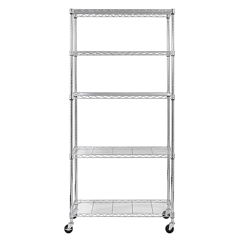 Sandusky MWS361872 5-Tier Mobile Wire Shelving Unit with 3" Rubber Casters, 5 Wire Shelves, Chrome, 72" Height x 36" Width x 18" Depth