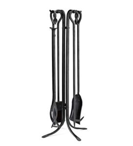 plow & hearth tall 5 piece hand forged iron fireplace tool set with poker, tongs, shovel, broom, and stand 7-in diam. x 32.5 h black