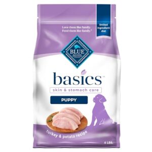 blue buffalo basics puppy dry dog food for skin & stomach care, limited ingredient diet, made in the usa with natural ingredients, turkey & potato recipe, 4-lb. bag