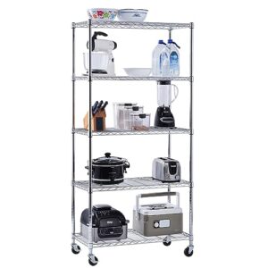 Sandusky MWS361872 5-Tier Mobile Wire Shelving Unit with 3" Rubber Casters, 5 Wire Shelves, Chrome, 72" Height x 36" Width x 18" Depth