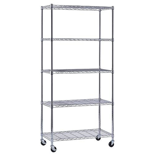 Sandusky MWS361872 5-Tier Mobile Wire Shelving Unit with 3" Rubber Casters, 5 Wire Shelves, Chrome, 72" Height x 36" Width x 18" Depth