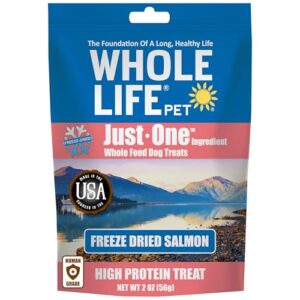 whole life pet just one salmon - dog treat or topper - human grade, freeze dried, one ingredient - protein rich, grain free, made in the usa