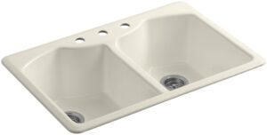 kohler k-6482-3a4-47 bellegrove double bowl top-mount kitchen sink with three hole drillings, almond