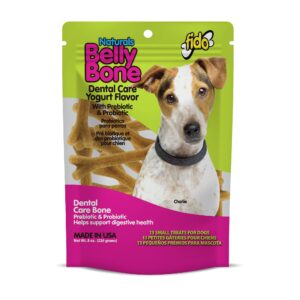 fido belly bones for dogs, 13 yogurt flavor small dog dental treats (made in usa) - 13 count dog treats for small dogs - plaque and tartar control for fresh breath, digestive health support