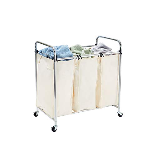 Seville Classics Laundry Hamper Sorter Cart Mobile Premium 3-Bag Heavy-Duty, Chrome