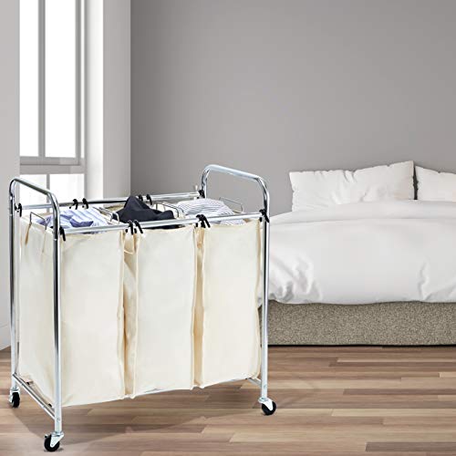 Seville Classics Laundry Hamper Sorter Cart Mobile Premium 3-Bag Heavy-Duty, Chrome