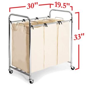 Seville Classics Laundry Hamper Sorter Cart Mobile Premium 3-Bag Heavy-Duty, Chrome