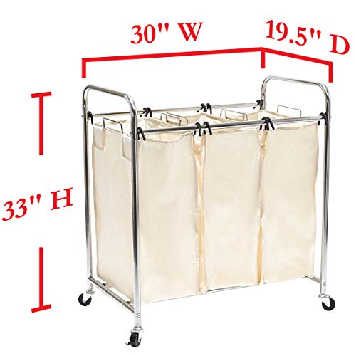 Seville Classics Laundry Hamper Sorter Cart Mobile Premium 3-Bag Heavy-Duty, Chrome