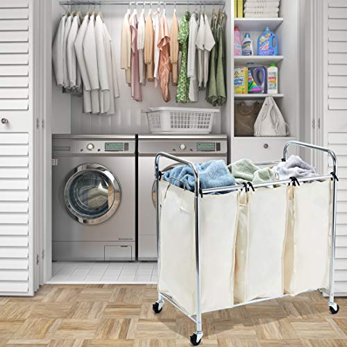 Seville Classics Laundry Hamper Sorter Cart Mobile Premium 3-Bag Heavy-Duty, Chrome