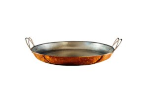 sertodo copper alicante paella cooking pan | 15 inch diameter |patented stainless steel handle design| hand hammered, heavy gauge, 100% pure copper | serves 6-8 adults