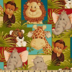 jungle babies patchwork animals green, fabric by the yard