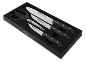 arcos kitchen knife set 4 pieces. 3 chef knives and 1 scissors of stainless steel and ergonomic polyoxymethylene handle for cutting meat, fish and vegetables. series maitre. color black