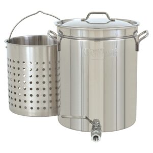 bayou classic 1140 40-qt stainless stockpot w/ elevated steam basket and spigot features stainless ball valve spigot, heavy welded handles stainless vented lid stainless perforated basket