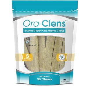 ora-clens oral hygiene chews for small dogs - cleans teeth and freshens breathe - coated with enzymes - prevents plaque & bacteria build up - 30 chews