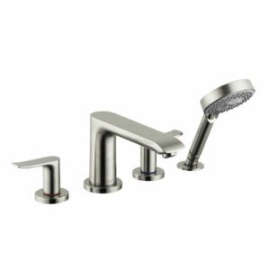 hansgrohe metris modern 2-handle 20-inch wide roman tub filler freestanding bathtub faucetand shower set in brushed nickel, 31444821