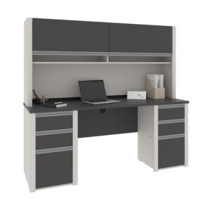 bestar connexion credenza desk with two pedestals and hutch, 72w, slate & sandstone