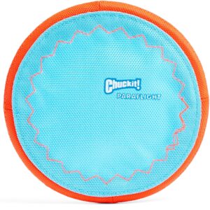 chuckit! paraflight flying disc dog toy - water floating flyer - durable nylon construction with soft rubber edges - for small and medium dogs - size small - 6.75" l x 6.75" w - pack of 1