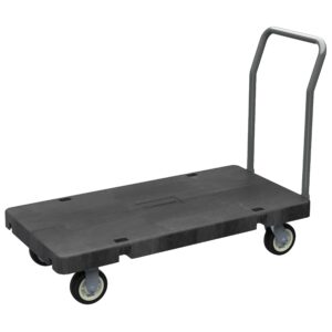 akro-mils versa/deck push dolly cart with wheels, reinforced plastic platform hand truck with removable handle, 6" non-marking polyurethane casters, 2000-pound capacity, 24" x 48", black r90182a1411