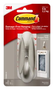 command large designer hook, holds up to 5 lb, 1 wall hook with 2 command strips, brushed nickel color, damage free hanging hooks for hanging decorations in living spaces