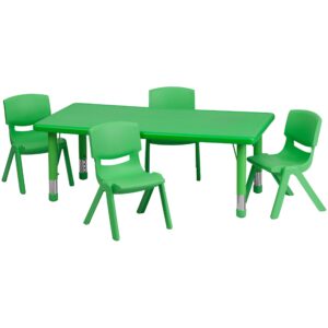 flash furniture emmy 24''w x 48''l rectangular green plastic height adjustable activity table set with 4 chairs