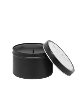 archipelago botanicals black forest travel tin candle, dark ebony wood, douglas fir and black currant scent, lead-free candle wick, burns approx. 30 hours (5.7 oz)