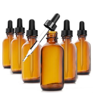 yesker amber glass bottles (pack of 6) for essential oils with glass eye dropper, 2 ounce capacity