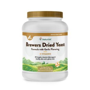 naturvet brewer’s dried yeast pet supplement with garlic flavoring – includes b-1, b-2 vitamins, niacin, vitamin c – helps support glossy coat, healthy skin for dogs, cats – 5,000 ct.