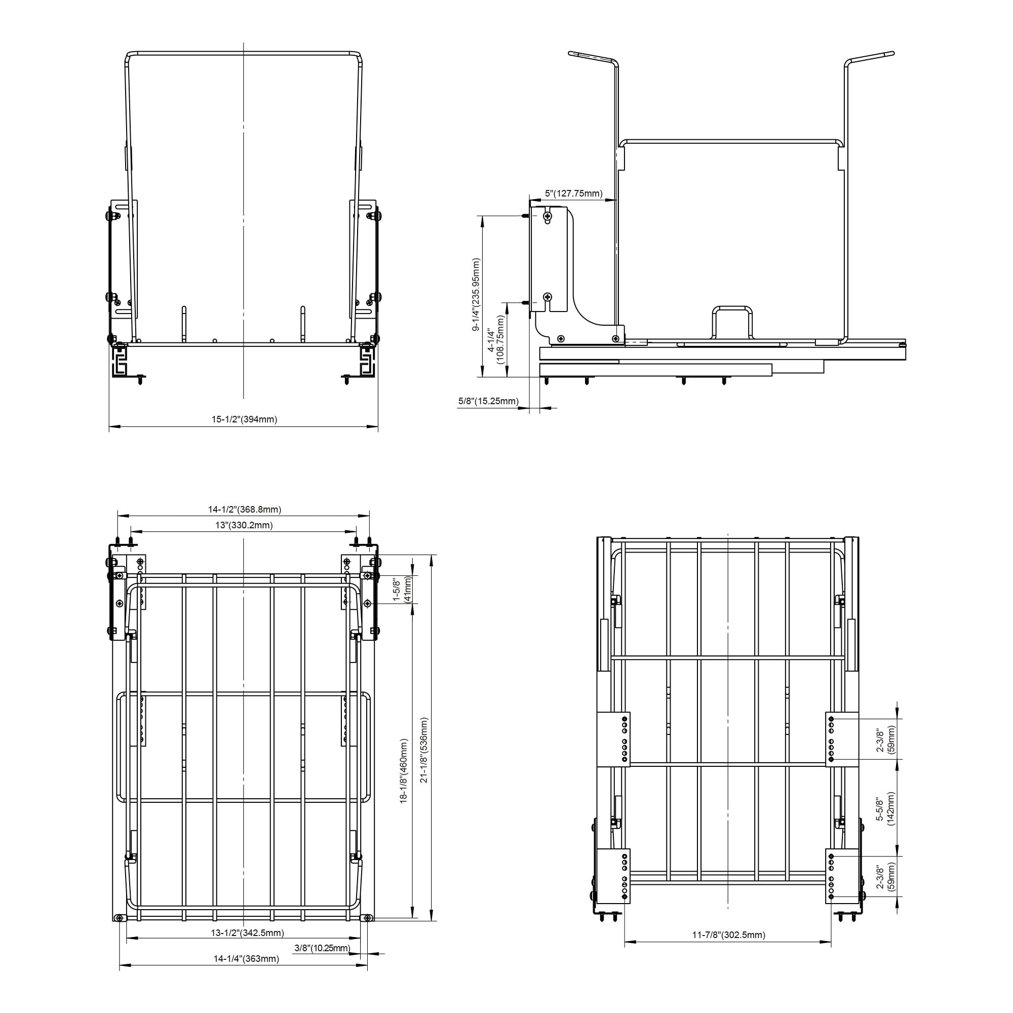 Dowell Alu Bottom Mount Pull-Out Waste Container With Door Mounting Kit - Pull-Out Wire Basket-Grey 2 Waste Can-for 18" Frameless / 21" Face Framed Cabinet-4012 0218 35