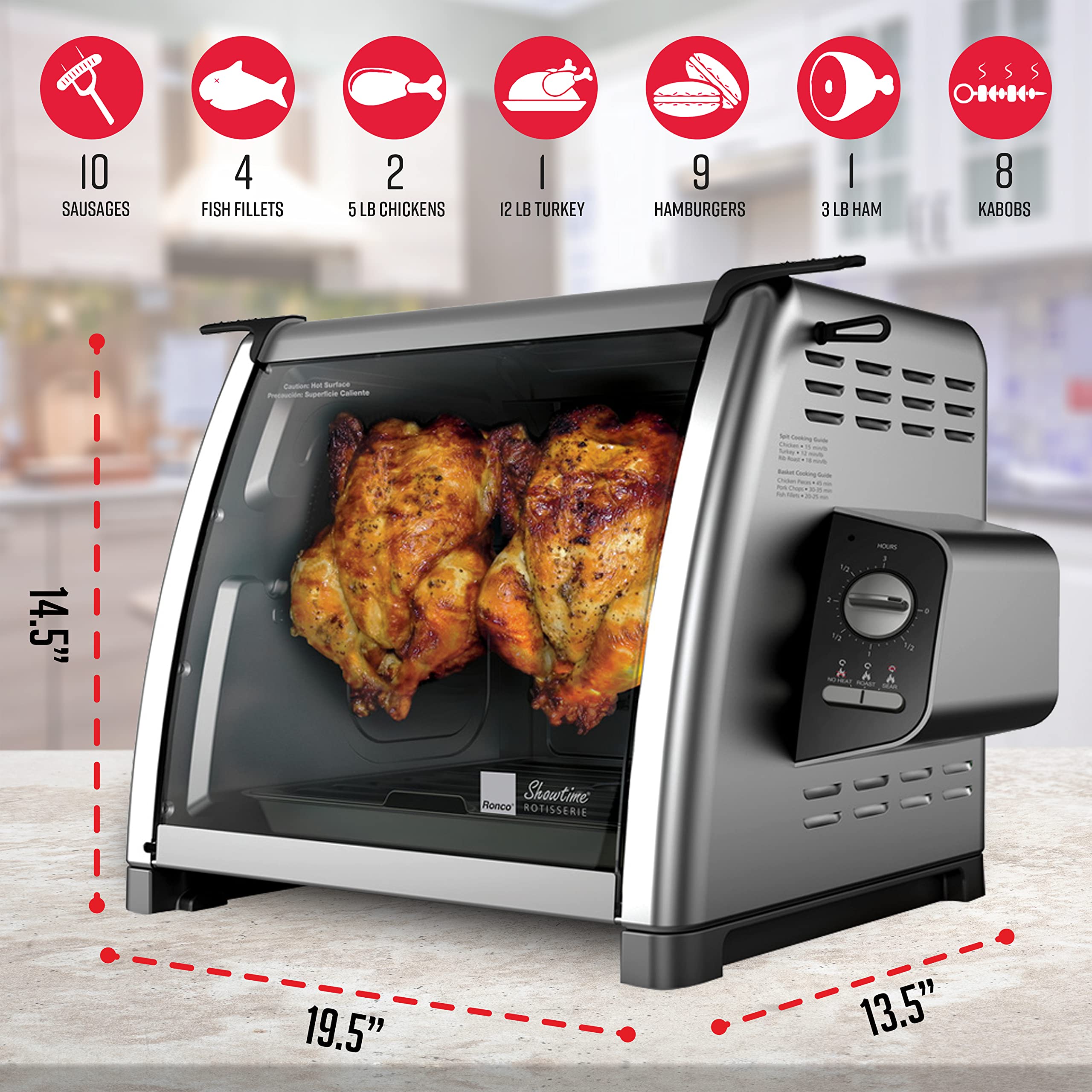 Ronco Showtime Large Capacity Rotisserie & BBQ Oven Modern Edition, Simple Switch Controls, Silicone Door Tie, Perfect Preset Rotation Speed, Self-Basting, Auto Shutoff, Includes Multipurpose Basket