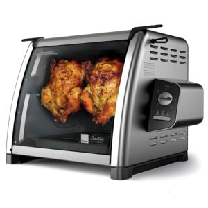 ronco showtime large capacity rotisserie & bbq oven modern edition, simple switch controls, silicone door tie, perfect preset rotation speed, self-basting, auto shutoff, includes multipurpose basket