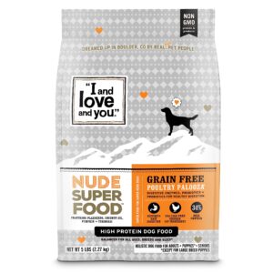 i and love and you nude super food dry dog food - turkey + chicken - prebiotic + probiotic, grain free, real meat, no fillers, 23lb bag