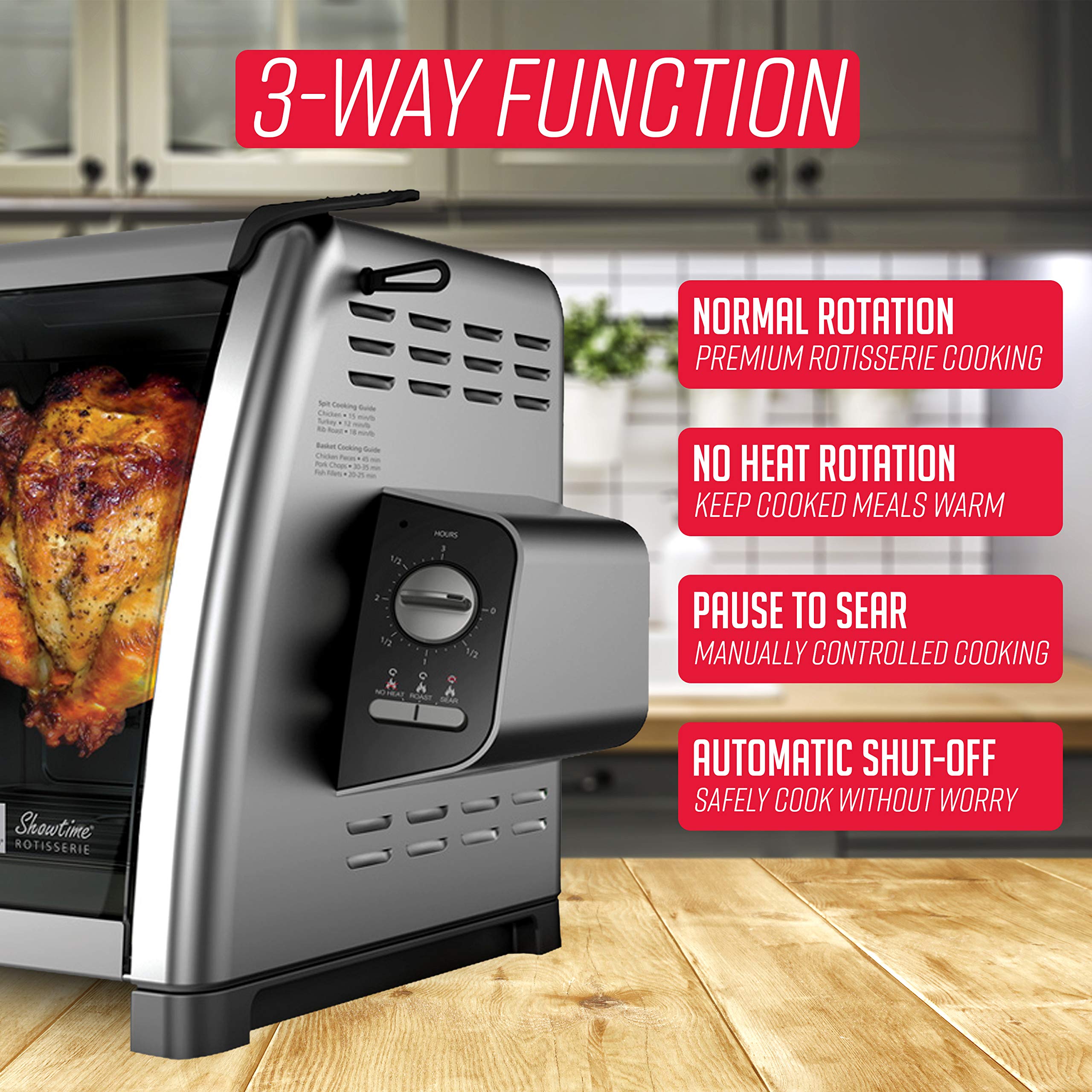 Ronco Showtime Large Capacity Rotisserie & BBQ Oven Modern Edition, Simple Switch Controls, Silicone Door Tie, Perfect Preset Rotation Speed, Self-Basting, Auto Shutoff, Includes Multipurpose Basket