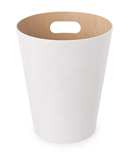 Umbra Woodrow, 2 Gallon Modern Wooden Trash Can Wastebasket or Recycling Bin for Home or Office, White