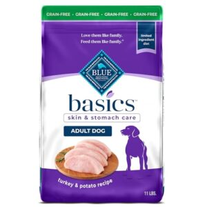 blue buffalo basics adult grain-free dry dog food for skin & stomach care, limited ingredient diet, made in the usa with natural ingredients, turkey & potato recipe, 11-lb. bag