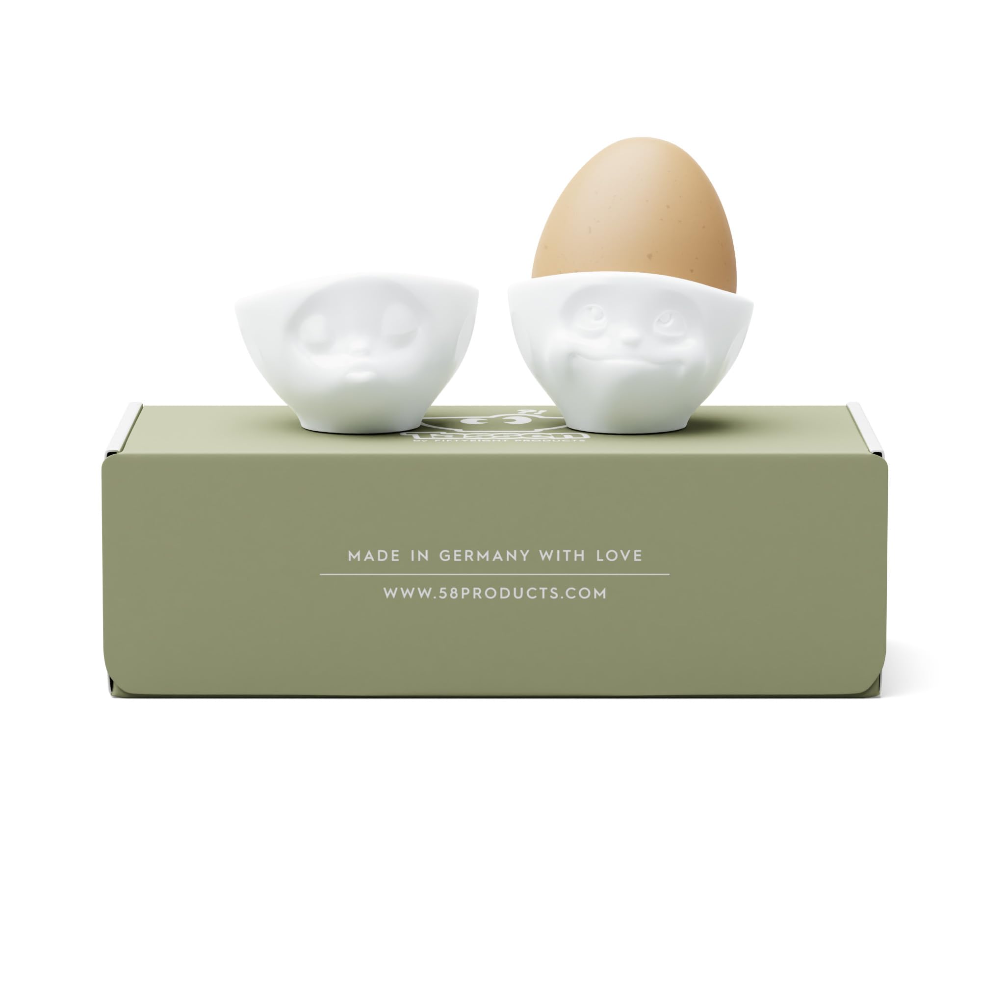 FIFTYEIGHT PRODUCTS TASSEN Porcelain Egg Cup Set No. 1, Kissing & Dreamy Face Edition, White (Set of Two Egg Cups)