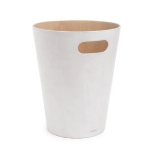 umbra woodrow, 2 gallon modern wooden trash can wastebasket or recycling bin for home or office, white