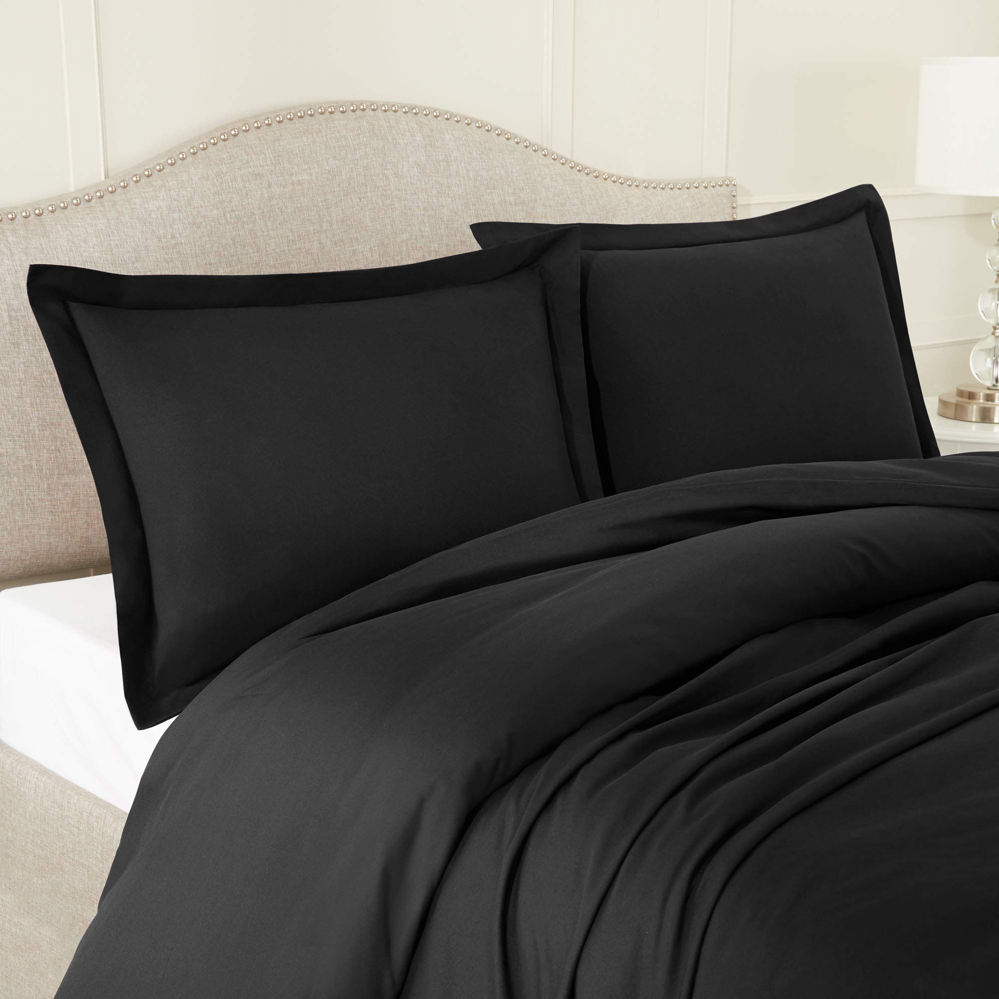 Clara Clark Duvet Cover Ultra Soft Double Brushed Microfiber - Comforter Cover with Button Closure and 2 Pillow Shams, Black, Full - 80"x90"