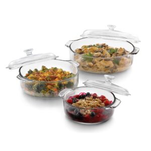 libbey 56030 baker's basics 3-piece covered casserole dishes, versatile glass baking dishes for oven, clear lead-free casserole cookware