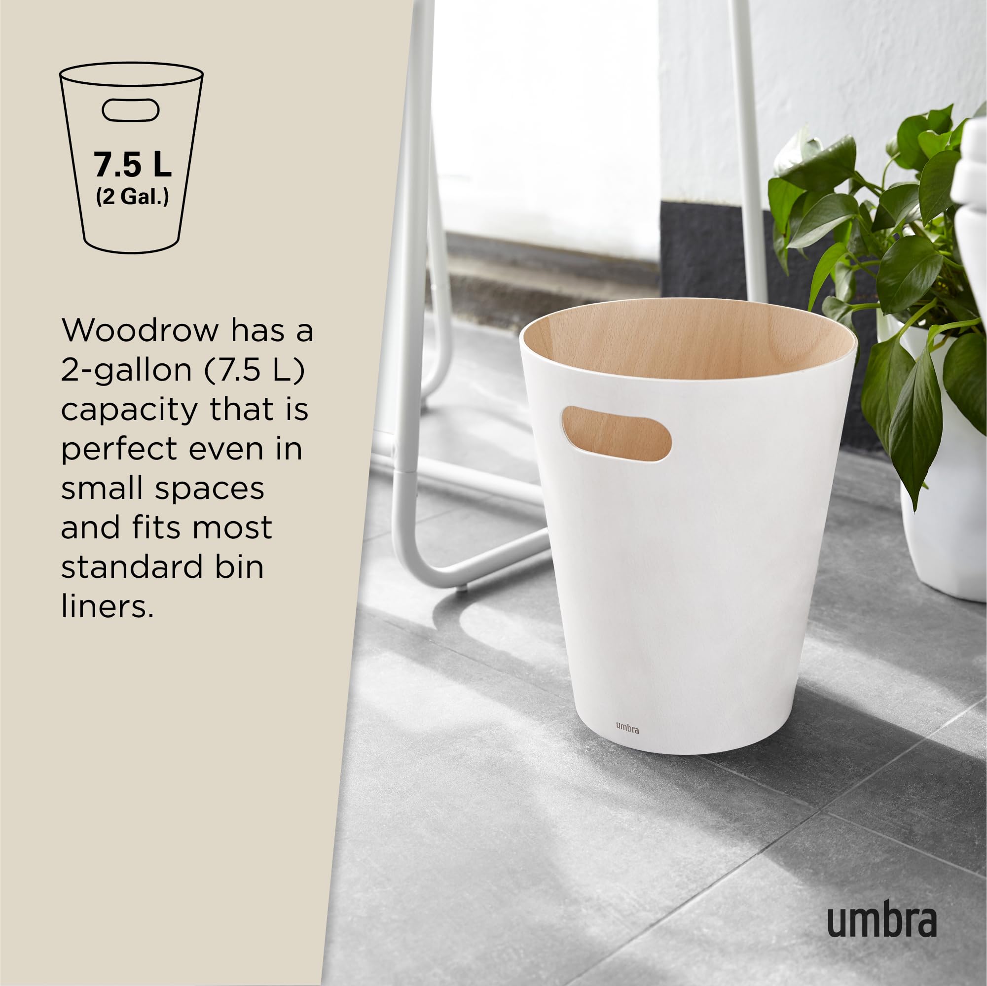 Umbra Woodrow, 2 Gallon Modern Wooden Trash Can Wastebasket or Recycling Bin for Home or Office, White