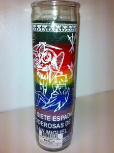 saint michael the archangel (las siete espadas poderosas de san miguel) 7 day 7 color unscented candle in glass.