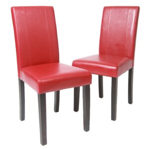 roundhill furniture urban style solid wood leatherette padded parson chair, red, set of 2