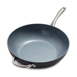 greenpan lima hard anodized healthy ceramic nonstick 12.5" wok pan with helper handle, pfas-free, oven safe, gray