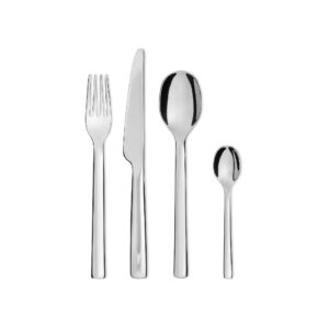 alessi "ovale" flatware set composed of six table spoons, table forks, table knives, coffee spoons in 18/10 stainless steel mirror polished, silver