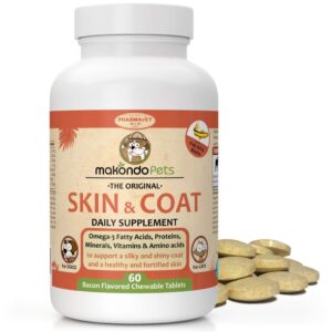 skin and coat supplement with fish oil and omega 3 for dogs and cats - dog itch relief pet supplement for shedding, dry itchy skin and allergies - dog allergy treatment vitamins (60 chewable tablets)