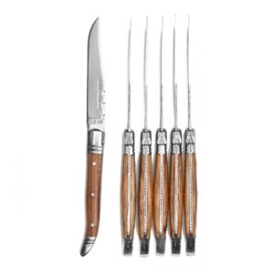 laguiole heritage tradition ultra sharp stainless steel gourmet steak knives set of 6 | triple rivet knife cutlery set, light wood handle, 4.5 inch blade